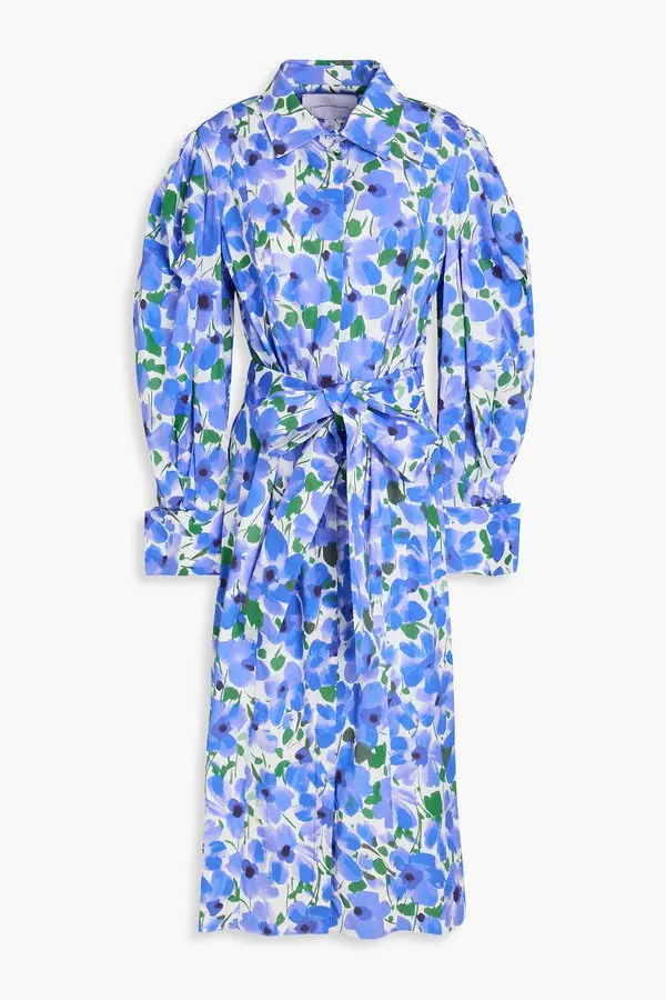 Carolina Herrera Belted Floral-print Cotton-blend Poplin Midi Shirt Dress - Indigo