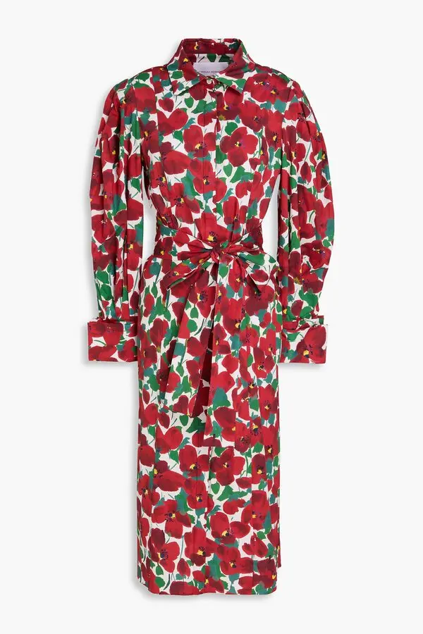 Carolina Herrera Belted Floral-print Cotton-blend Poplin Midi Shirt Dress - Red