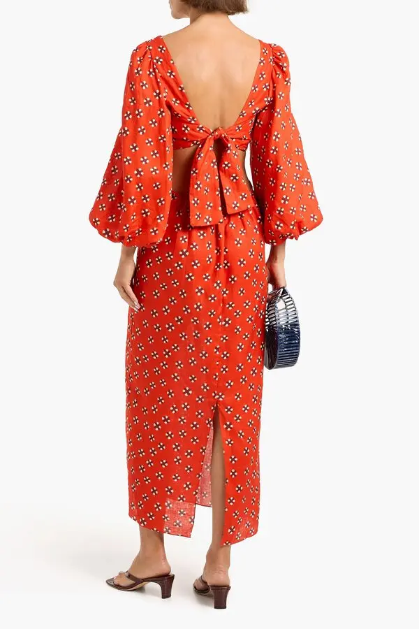 Johanna Ortiz Printed Linen Maxi Dress With Cutout - Bright Orange