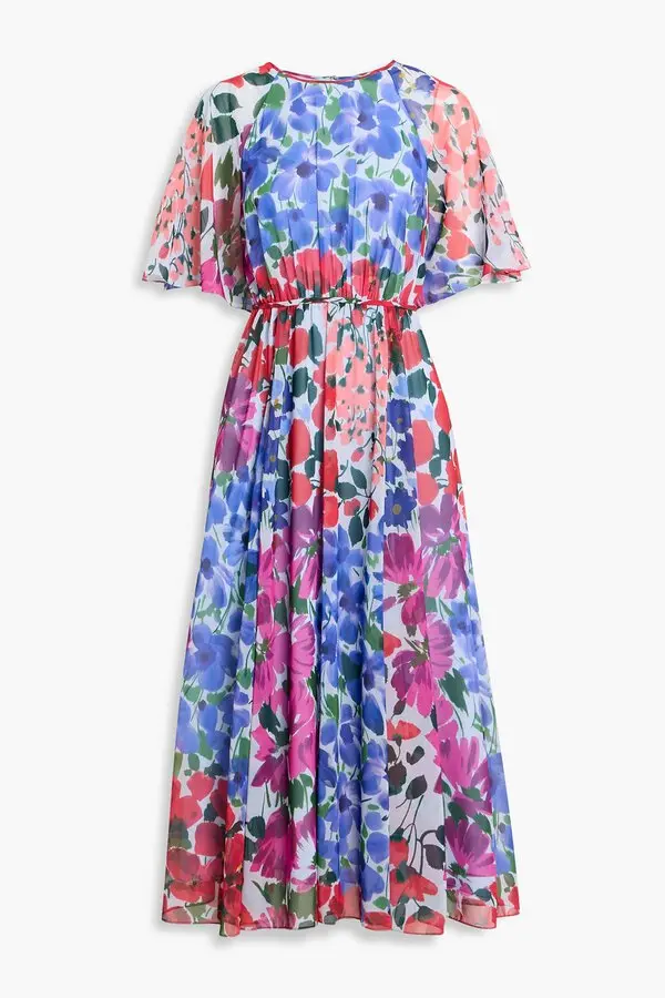 Carolina Herrera Floral-print Crepe De Chine Midi Dress - Light Blue