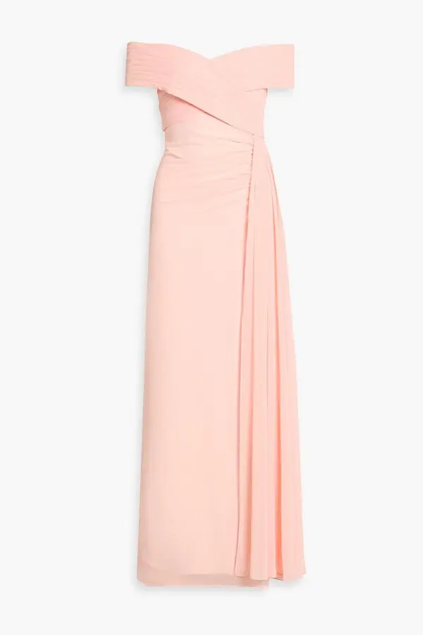 Badgley Mischka Off-the-shoulder Pleated Chiffon Gown
