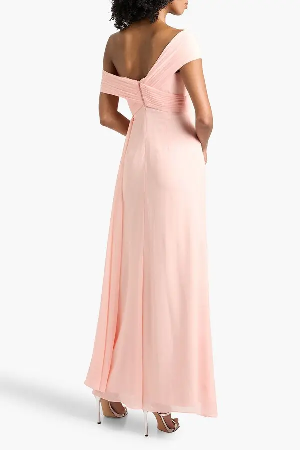 Badgley Mischka Off-the-shoulder Pleated Chiffon Gown