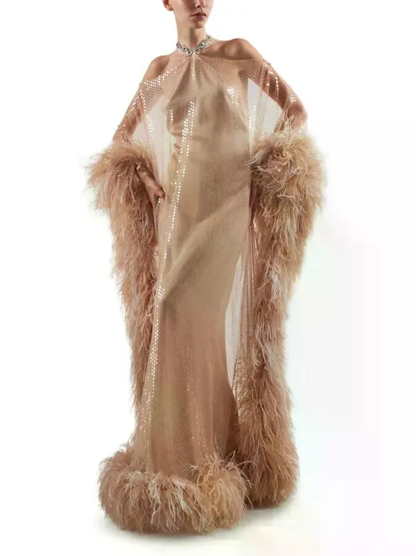 TALLER MARMO Sza Sza Sequin Feather Maxi Dress