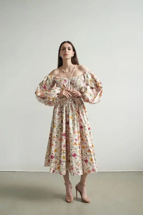 VASILIKI Rosa Flora Print Midi Dress