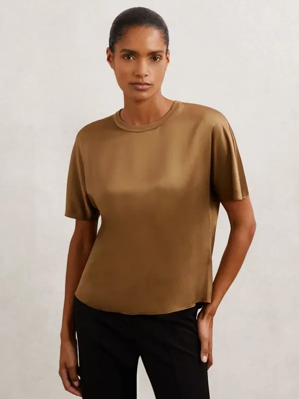 REISS Silk Short-sleeve Top - Camel