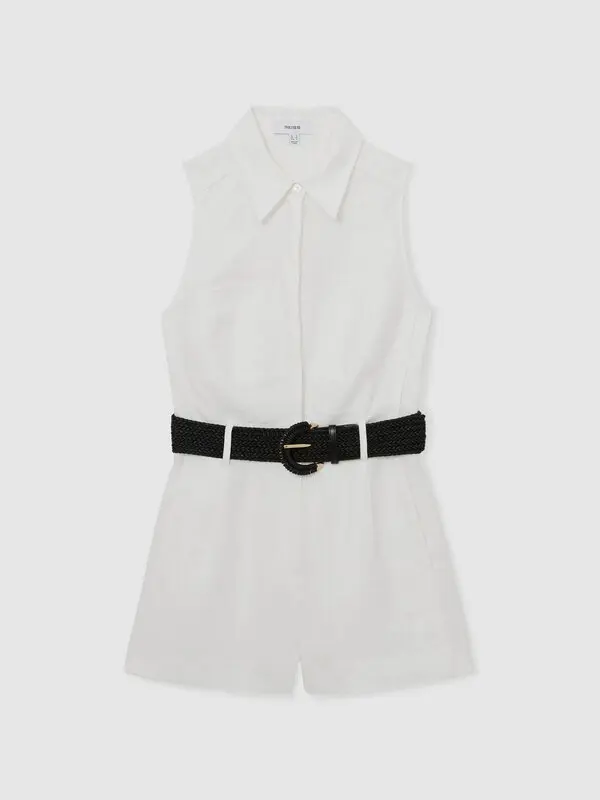 REISS Taylor Linen Sleeveless Belted Playsuit - Ivory