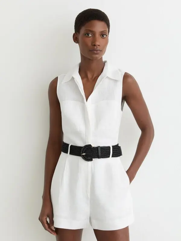 REISS Taylor Linen Sleeveless Belted Playsuit - Ivory