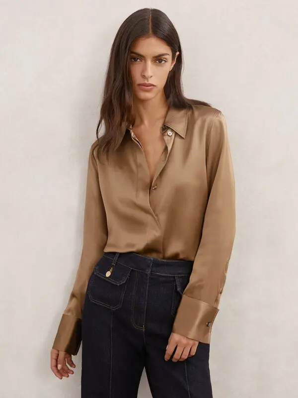 REISS Ameira Silk-satin Shirt - Camel