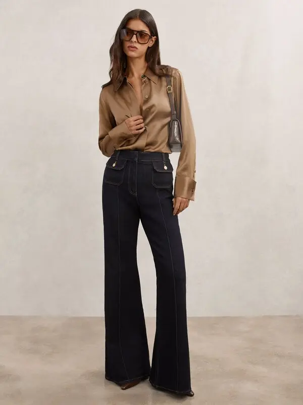 REISS Ameira Silk-satin Shirt - Camel
