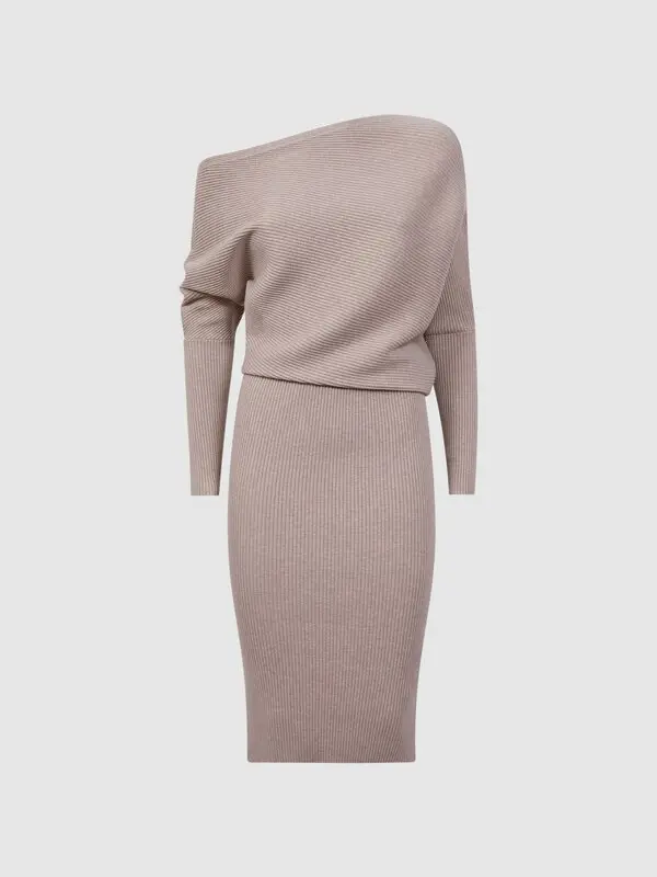 REISS Lara Off-the-shoulder Ribbed Midi Dress - Neutral