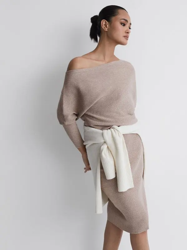 REISS Lara Off-the-shoulder Ribbed Midi Dress - Neutral