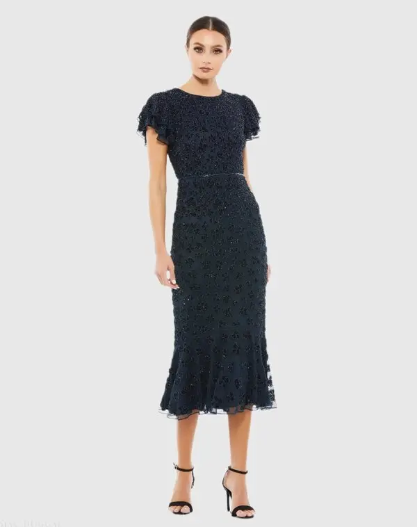 Mac Duggal Hand-beaded Floral Midi Dress With Flounce Sleeves