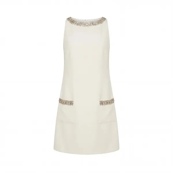 Mac Duggal Sleeveless Shift Mini Dress With Rhinestone Trim - Ivory