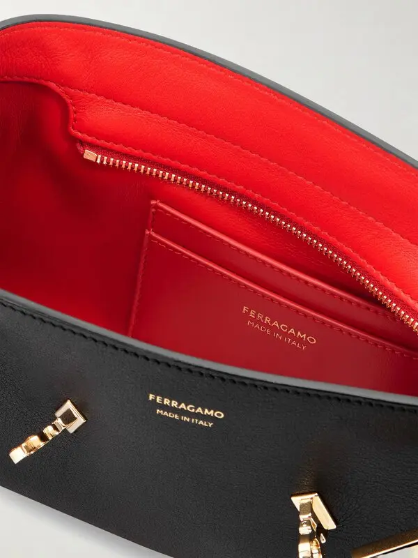 FERRAGAMO Hug Embellished Textured-leather Shoulder Bag - Black