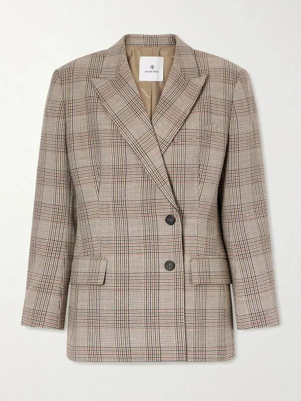 ANINE BING Aretha Checked Wool Blazer - Brown