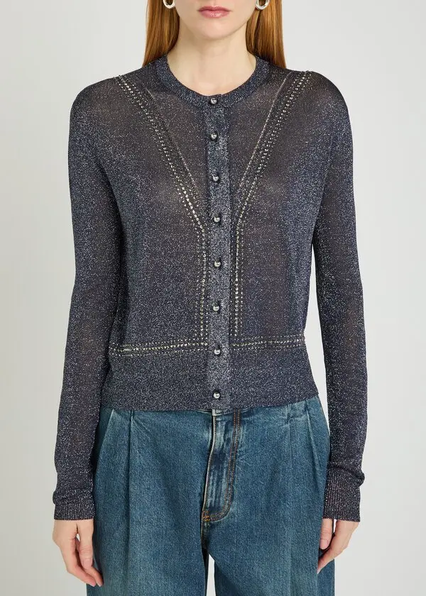 Rabanne Embellished Metallic-knit Cardigan - Navy