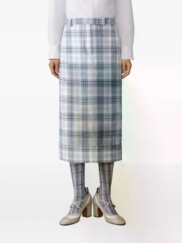 Thom Browne Plaid Midi Skirt With Belt Loops - White