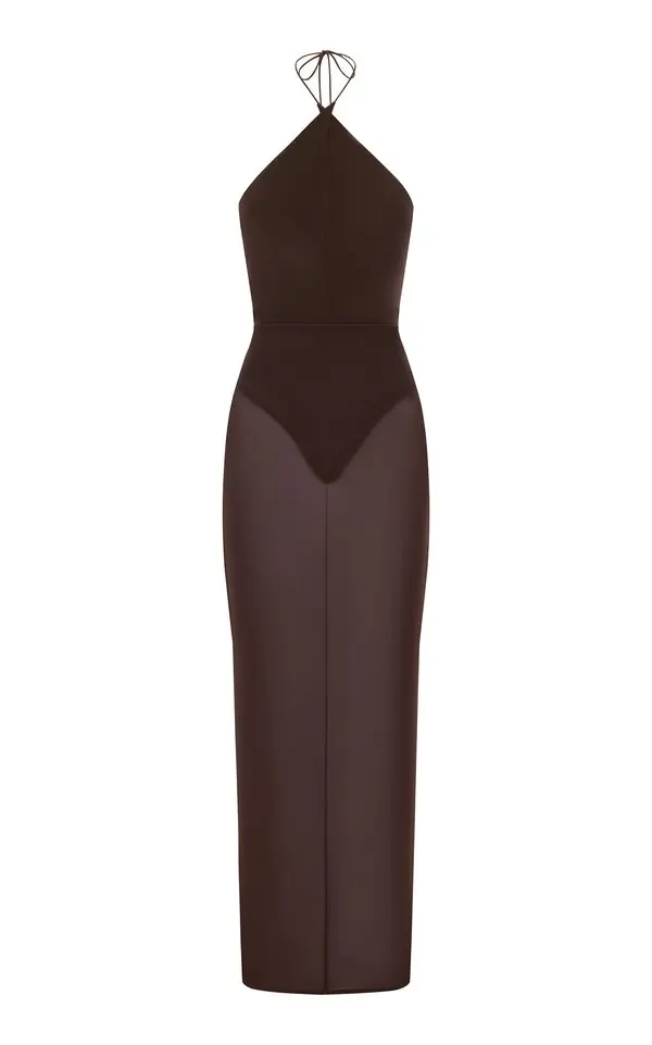 Alex Perry Cross Tie Halter Column Dress In Power Mesh
