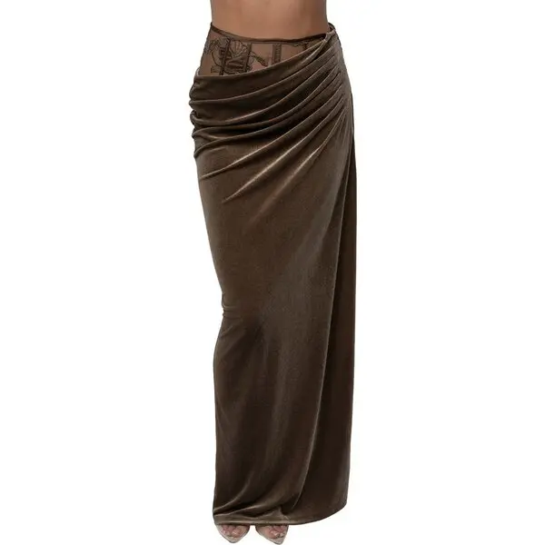 JLUXLABEL Velvet & Lace Maxi Skirt - Brown