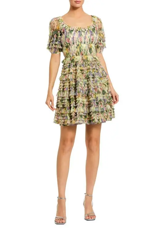 Mac Duggal Floral Mesh Puff Sleeve Ruffle Mini Dress - Yellow Multi
