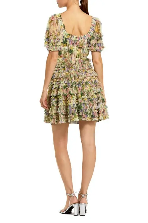 Mac Duggal Floral Mesh Puff Sleeve Ruffle Mini Dress