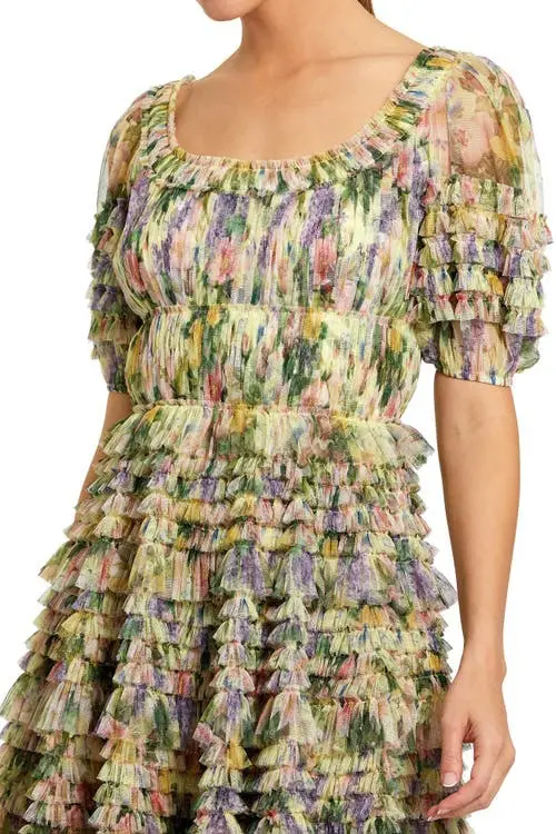 Mac Duggal Floral Mesh Puff Sleeve Ruffle Mini Dress