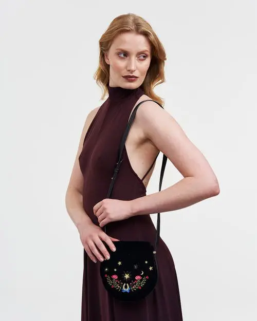 FABLE ENGLAND Celestial Embroidered Velvet Saddle Bag - Black