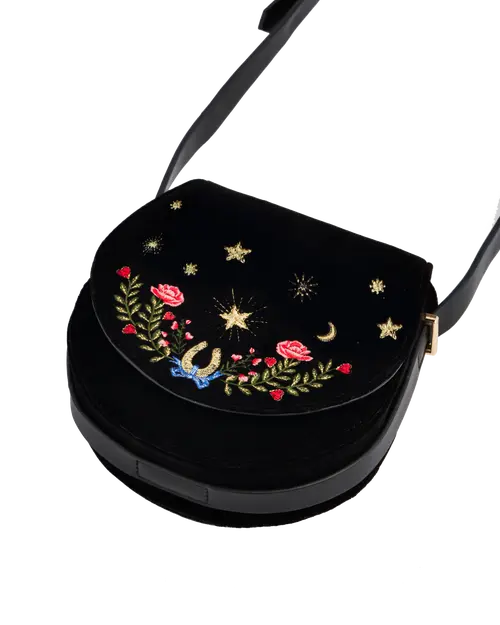 FABLE ENGLAND Celestial Embroidered Velvet Saddle Bag - Black
