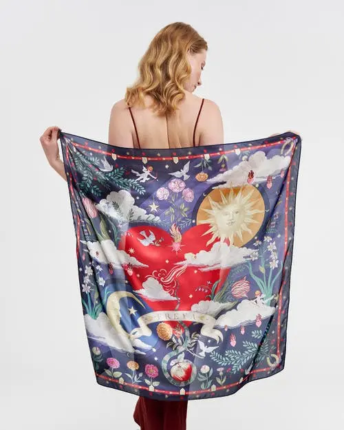 FABLE ENGLAND Freya's Heart Story Square Scarf - Navy