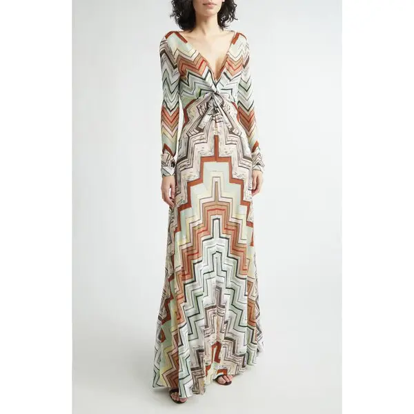 Missoni Long Sleeve Twist Front Zigzag Knit Maxi Dress - Multi Green Camel White Pink