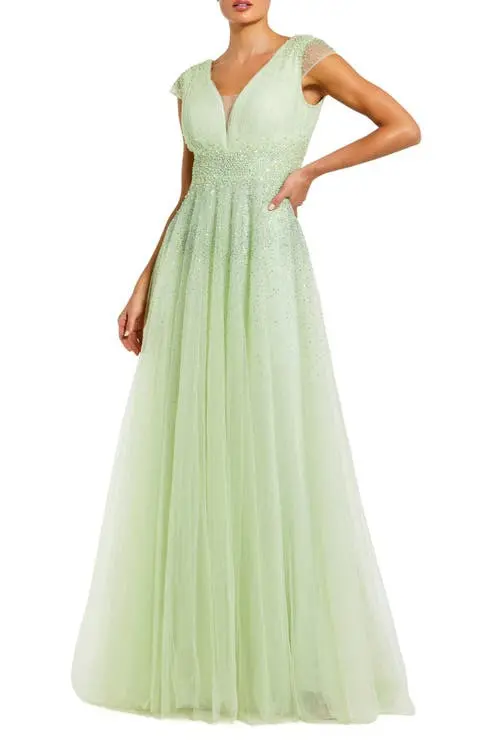Mac Duggal Embellished Tulle Cap Sleeve V-neck Gown - Sage