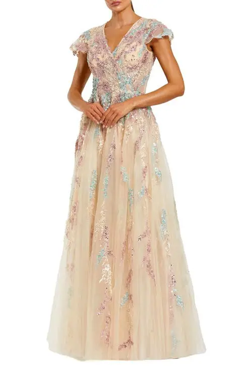 Mac Duggal Embellished Net Wrap Gown - Nude Multi