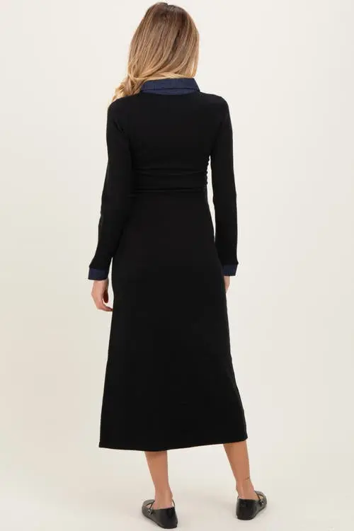 PINKBLUSH Denim Trim Knit Midi Dress