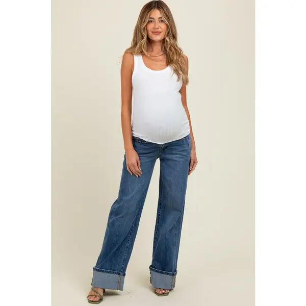 PINKBLUSH Cuffed Hem Wide Leg Maternity Jeans - Navy Blue
