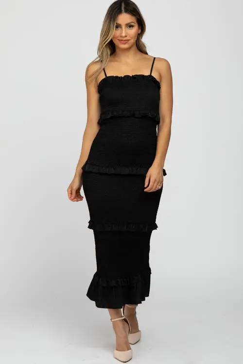PINKBLUSH Satin Smocked Fitted Maxi Dress - Black