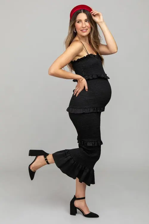 PINKBLUSH Satin Smocked Fitted Maxi Dress - Black