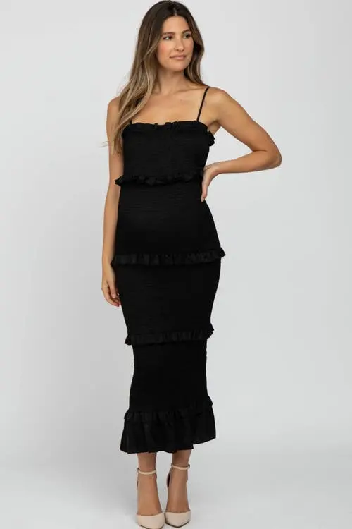 PINKBLUSH Satin Smocked Fitted Maxi Dress - Black