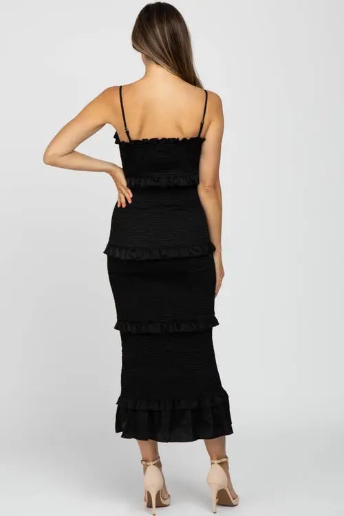 PINKBLUSH Satin Smocked Fitted Maxi Dress - Black