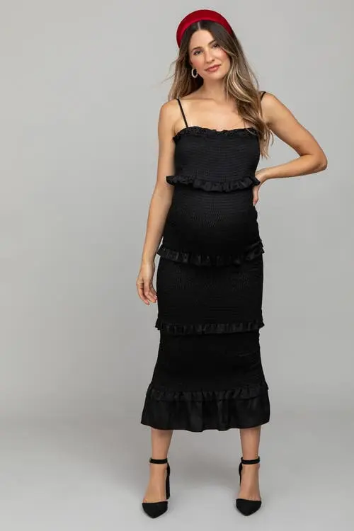 PINKBLUSH Satin Smocked Fitted Maxi Dress - Black