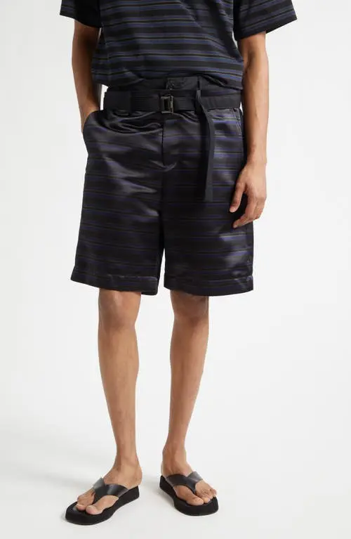 Sacai Belted Horizontal Stripe Mixed Media Shorts