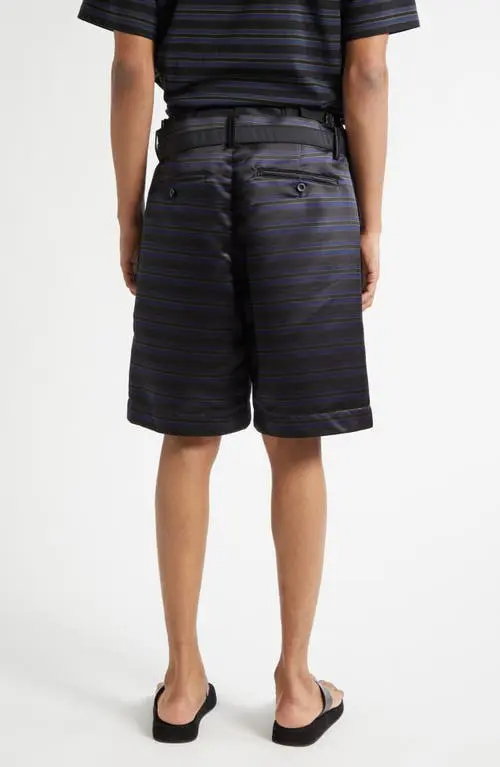 Sacai Belted Horizontal Stripe Mixed Media Shorts