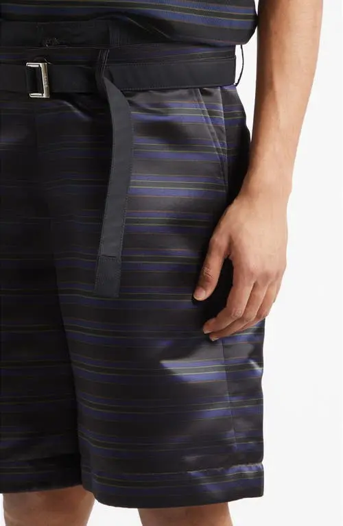 Sacai Belted Horizontal Stripe Mixed Media Shorts
