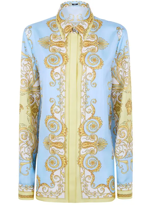 Versace Formal Shirt In Silk Twill With Spring Barocco Foulard Print - Yellow