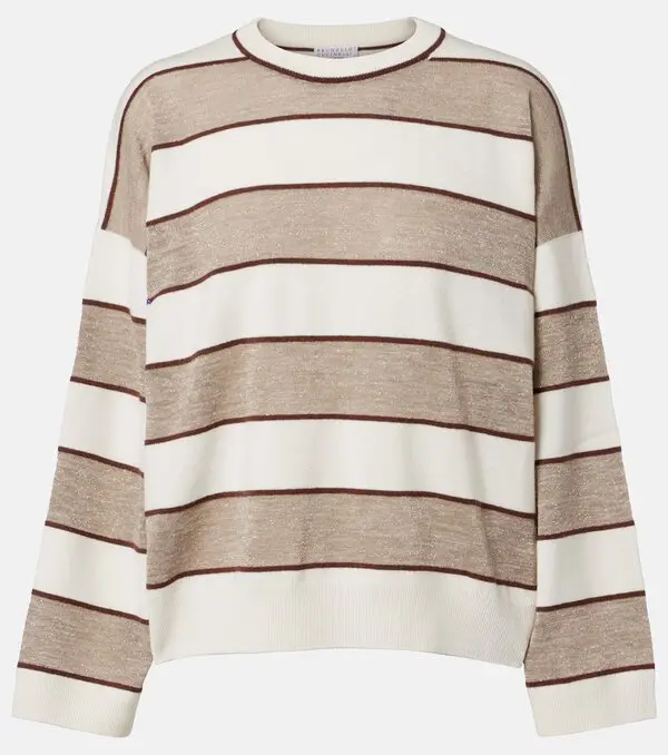 Brunello Cucinelli Striped Wool, Cashmere, And Silk Sweater - Beige