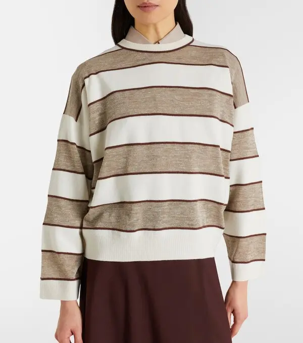 Brunello Cucinelli Striped Wool, Cashmere, And Silk Sweater - Beige