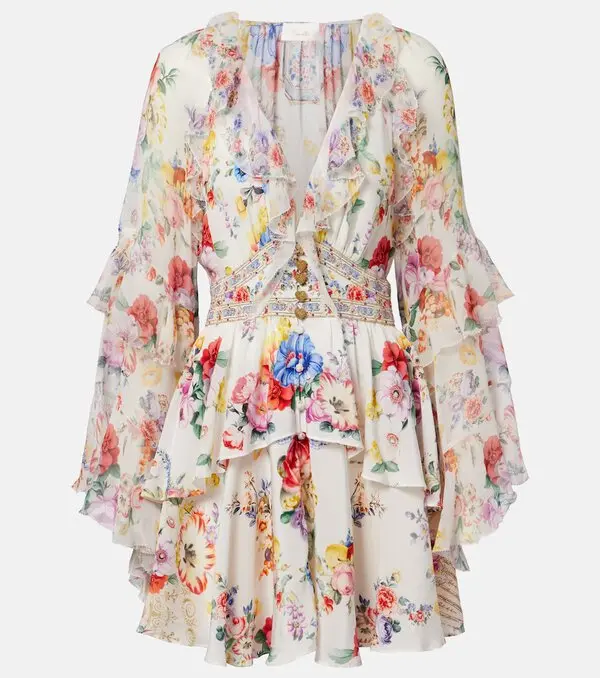 Camilla Embellished Floral Ruffled Silk Minidress