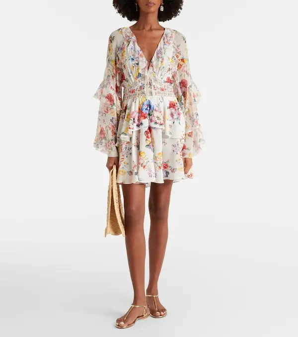 Camilla Embellished Floral Ruffled Silk Minidress