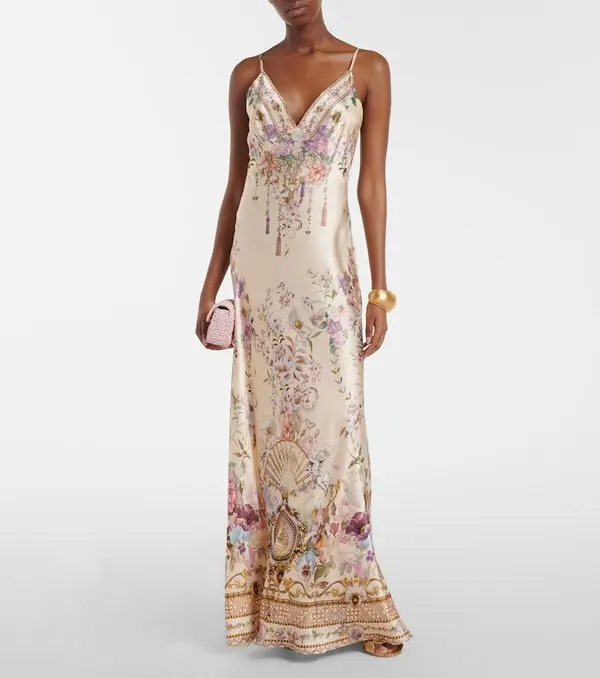 Camilla Embellished Floral Silk Slip Dress - Multicoloured