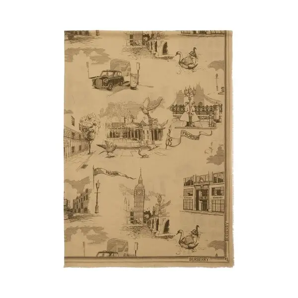 Burberry Mu London Landmarks Wool Silk Scarf 'sand - Tan