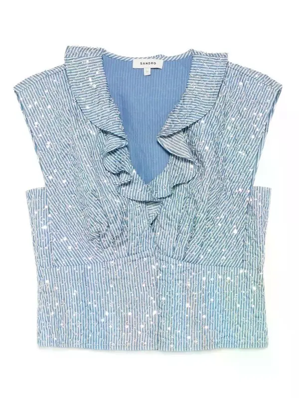 Sandro Ruffled Striped Sequin-embroidered Crop Top